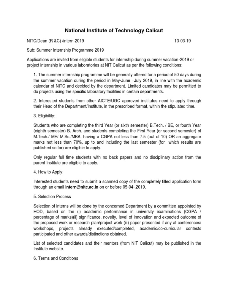 NIT Calicut Summer Internship 2019 | PDF | Business