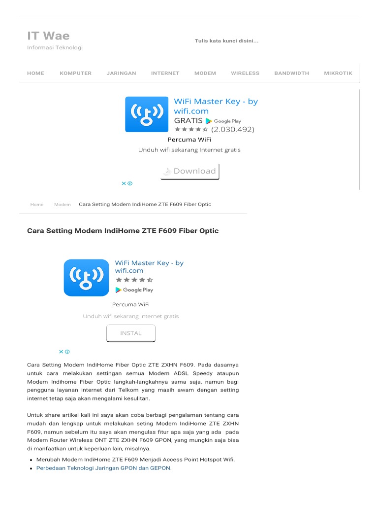 Cara Setting Modem IndiHome ZTE F609 Fiber Optic - IT Wae PDF | PDF ...