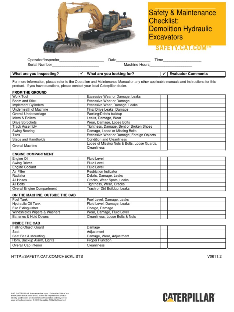 Safety & Maintenance Checklist - Demolition Hydraulic Excavators V0611 ...