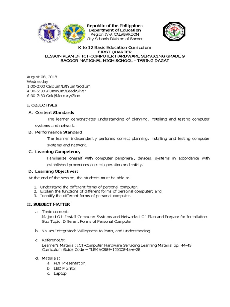 Lesson Plan in CHS | PDF | Personal Computers | Laptop