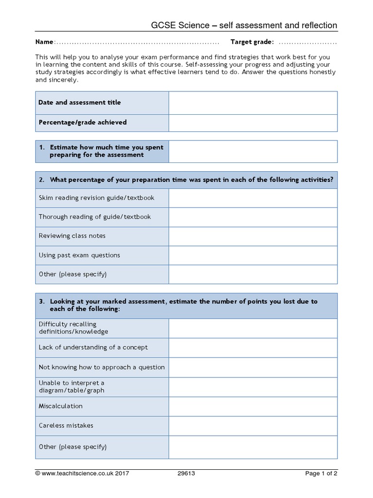 GCSE Science - Self Assessment and Reflection: © WWW - Teachitscience ...