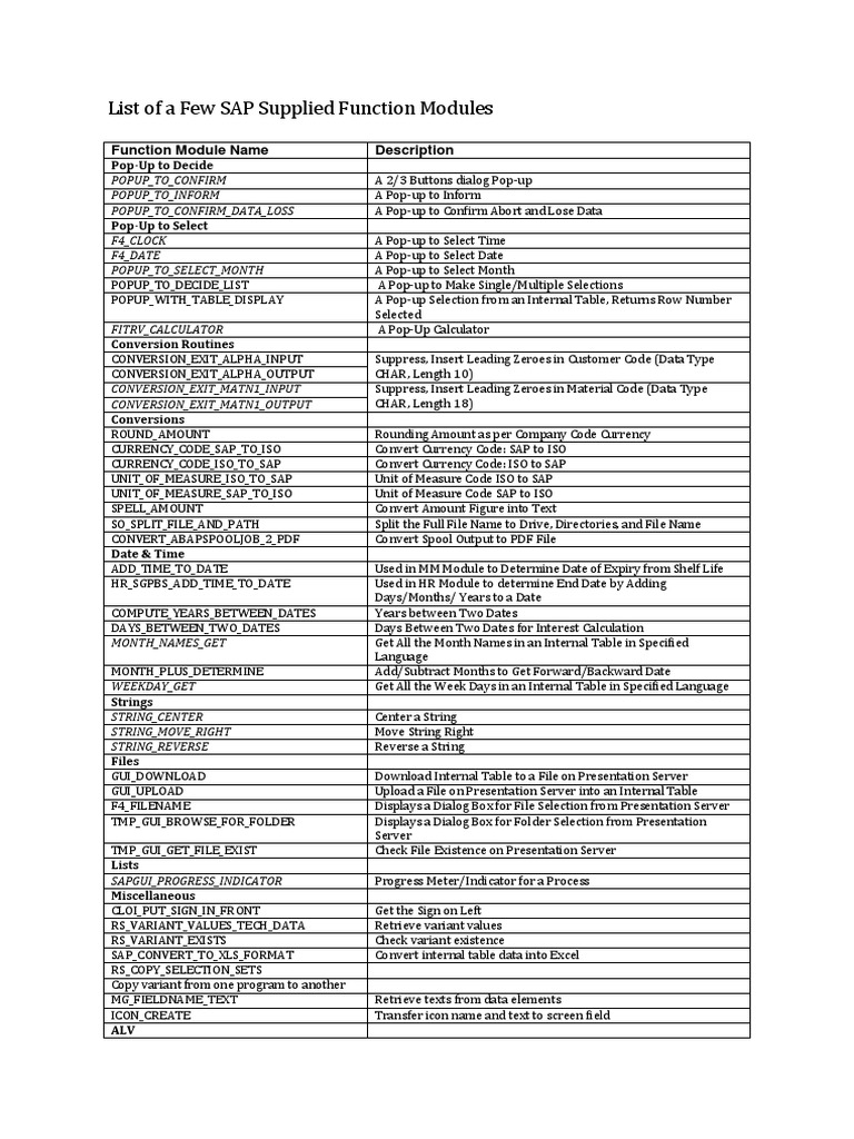 List of A Few SAP Supplied Function Modules | Download Free PDF ...