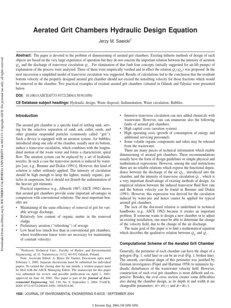 Aerated Grit Chamber - Characteristic Dimension Equation | PDF | Sewage ...