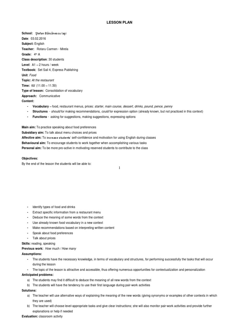 Lesson Plan - Food - 4th Grade | PDF | Menu | Lesson Plan