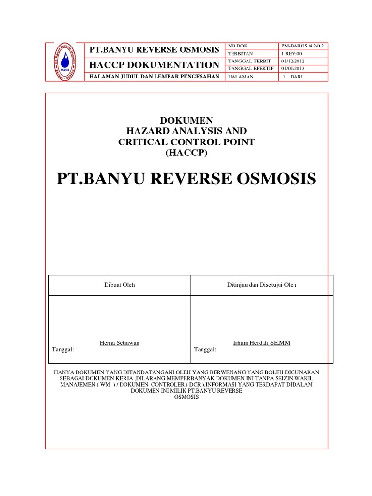 Dokumentasi HACCP PT Banyu RO | PDF