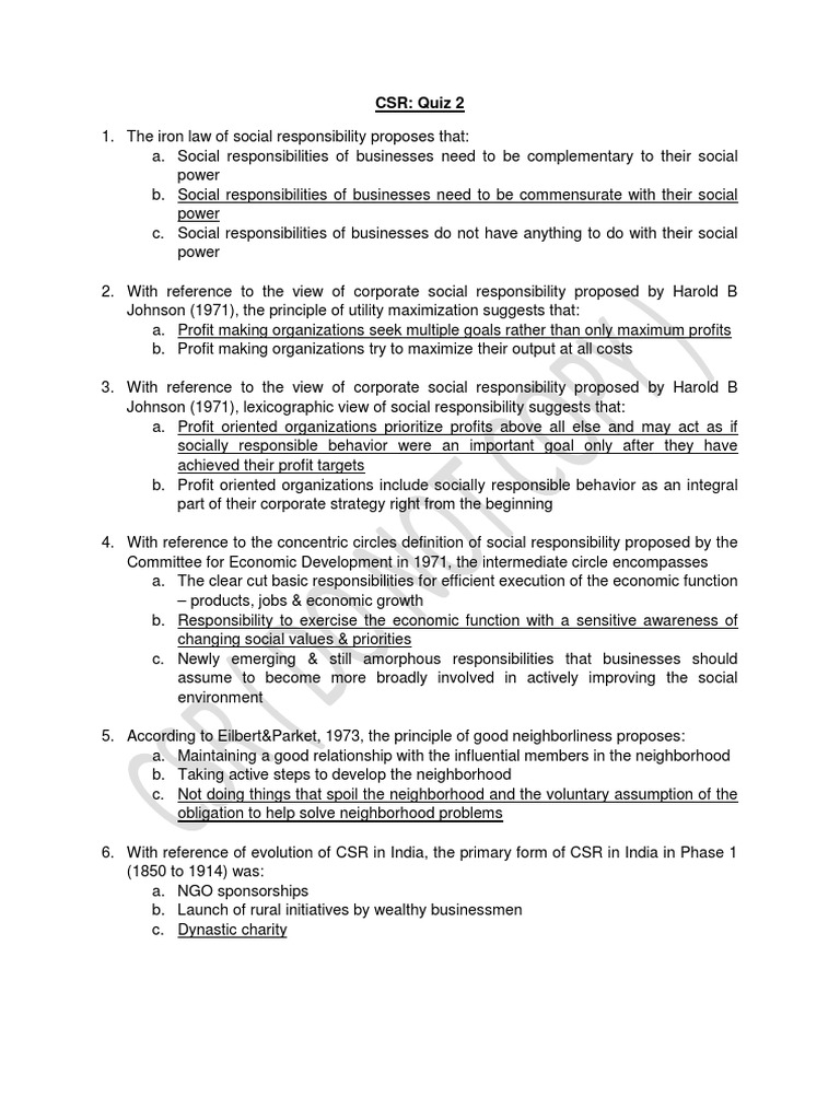 CSR: Quiz 2 | PDF | Corporate Social Responsibility | Business