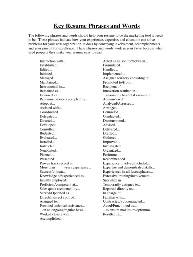 Key Resume Phrases & Words | PDF | Expert | Employment