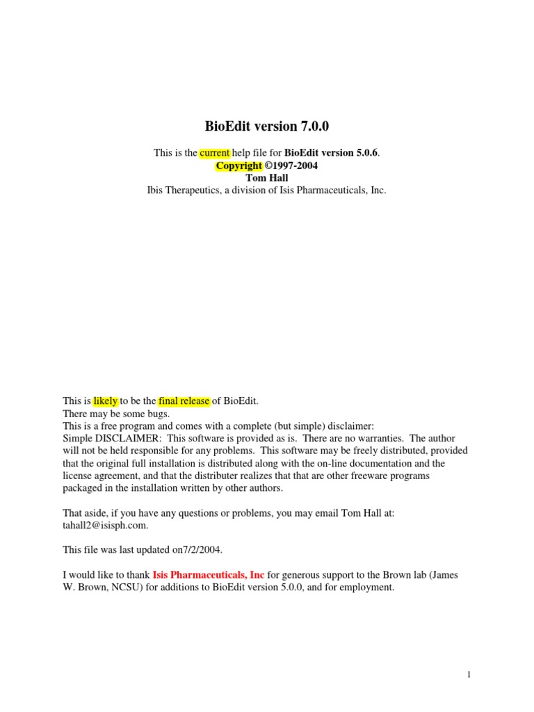 BioEdit Version 7.0.0 PDF | PDF | Sequence Alignment | Nucleic Acid ...