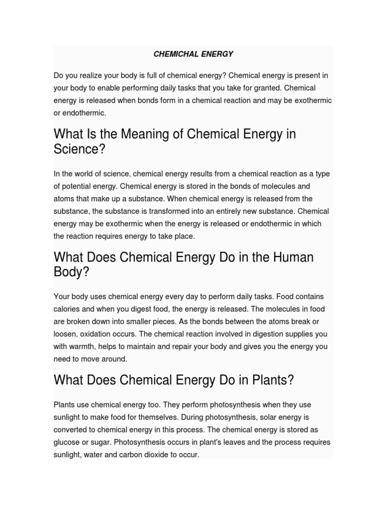 Chemichal Energy | PDF | Chemical Reactions | Chemical Substances