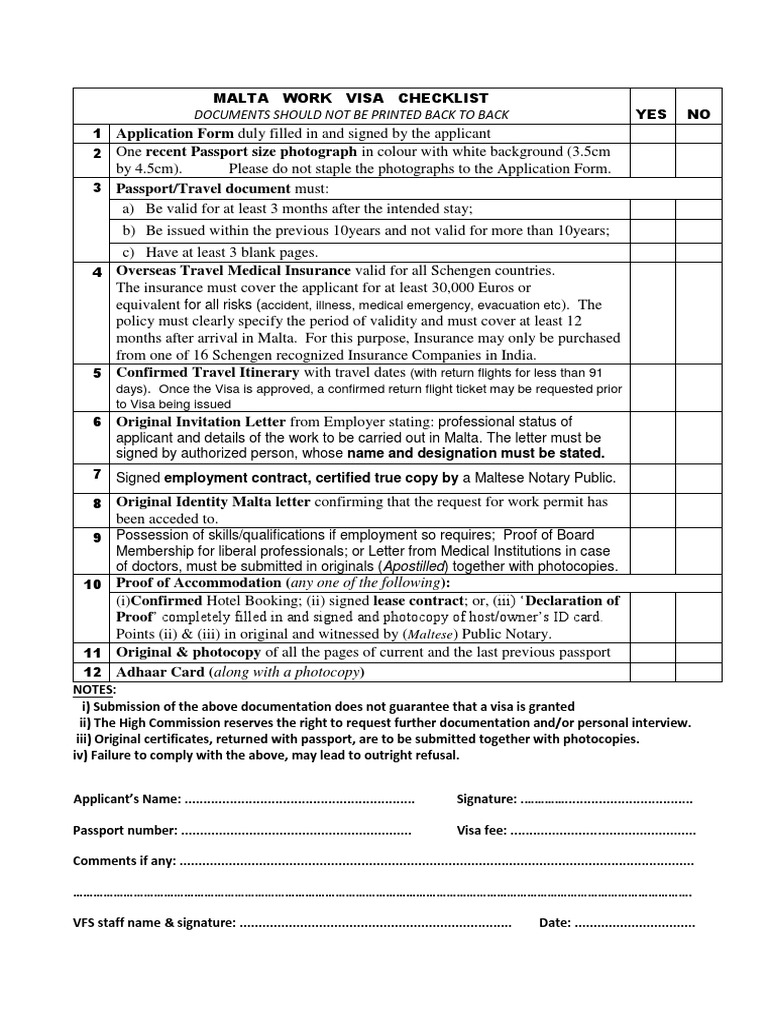 Malta Work Visa Checklist Recent | PDF | Travel Visa | Passport