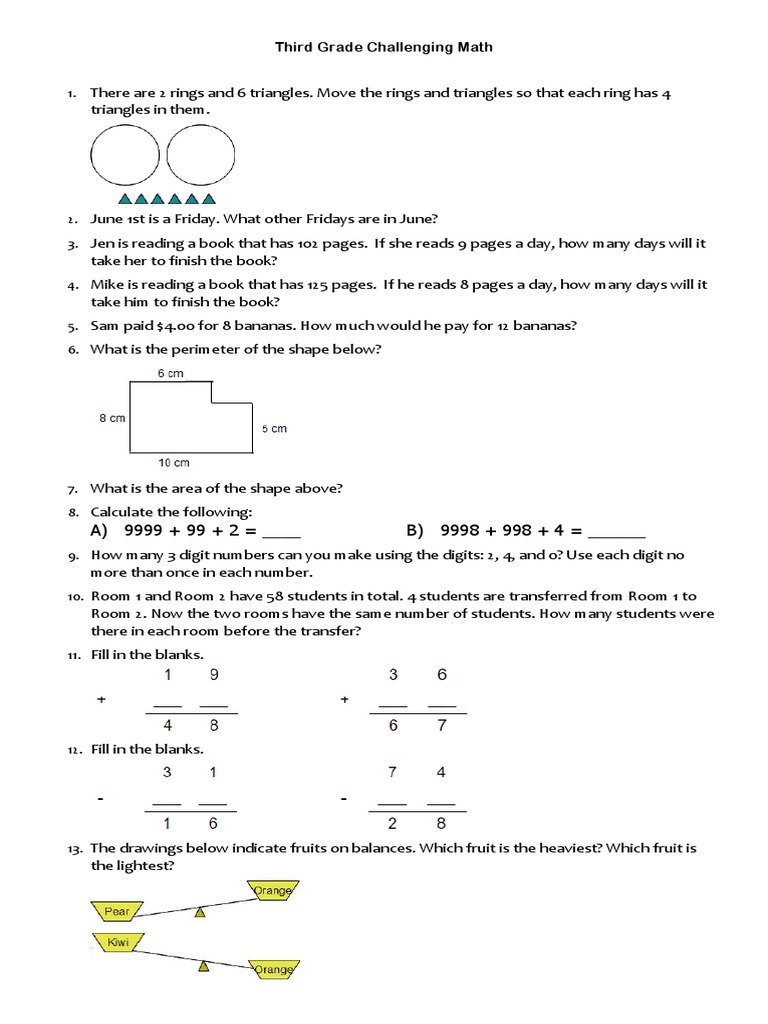 Third Grade Challenging Math | PDF | Chicken | Area