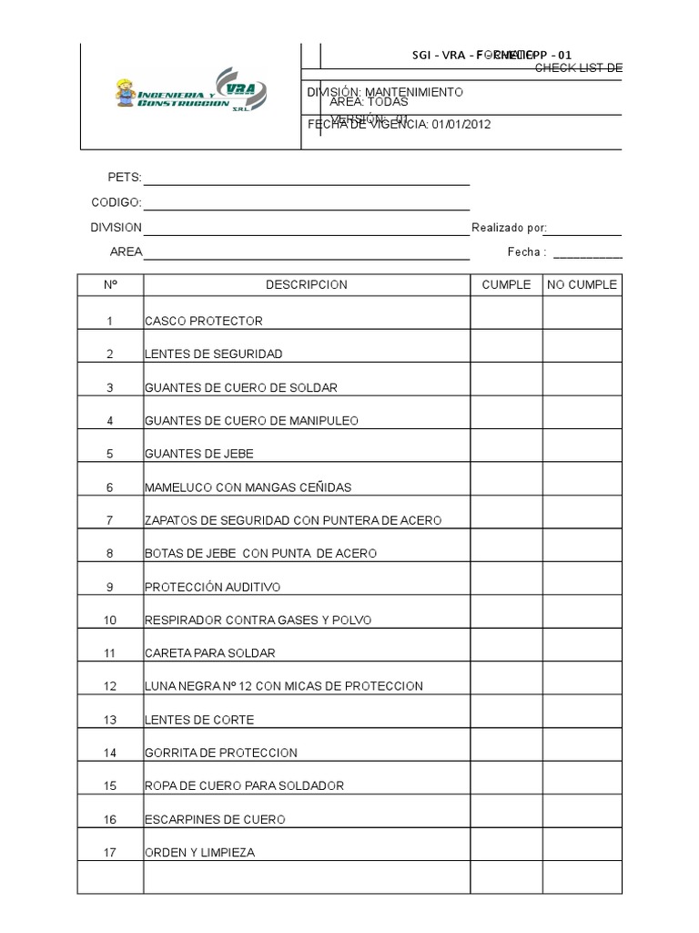 Check List de Inspecciones Planificadas | PDF | Salud y bienestar ...