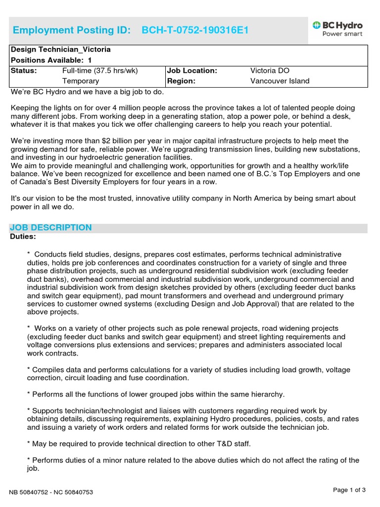 Design Technician Opportunity with BC Hydro - Victoria, BC | PDF ...