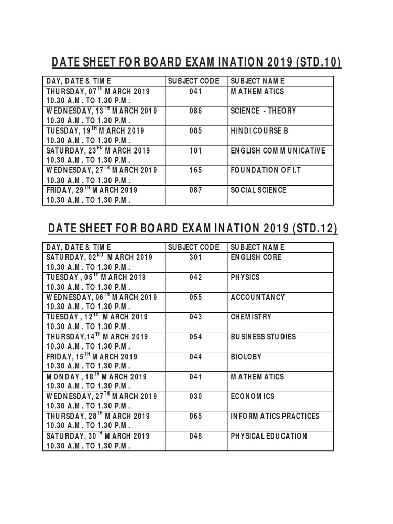 Date Sheet For Board Examination 2019 (Std.10) | PDF