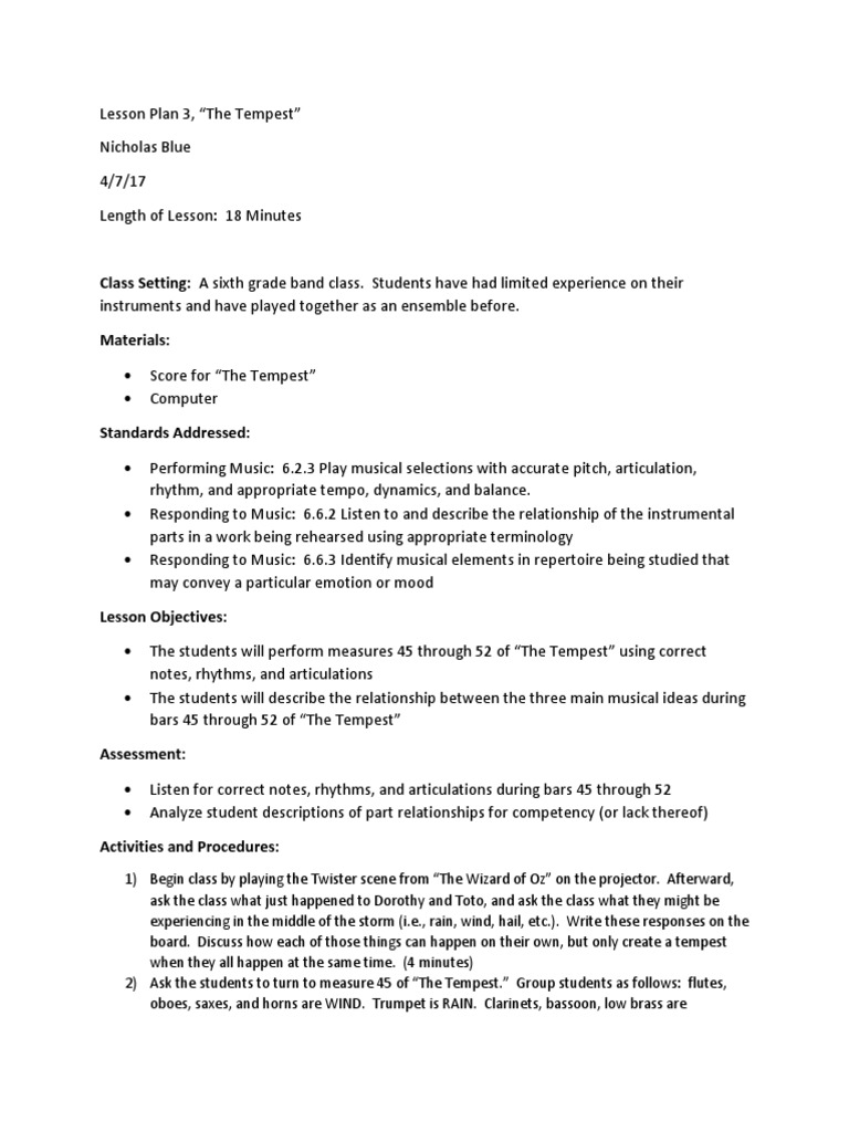 The Tempest Lesson Plan | PDF | Storms | Bassoon