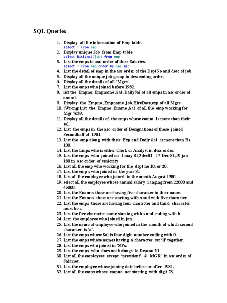 SQL Queries: Select From Select Distinct From Select From Order by Asc ...