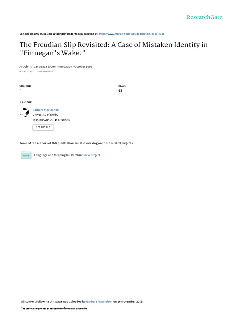 The Freudian Slip Revisited: A Case of Mistaken Identity in "Finnegan's ...