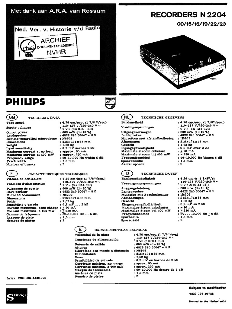 Philips - n2204 00 15 15 19 22 23 - Transistorized - Cassette ...