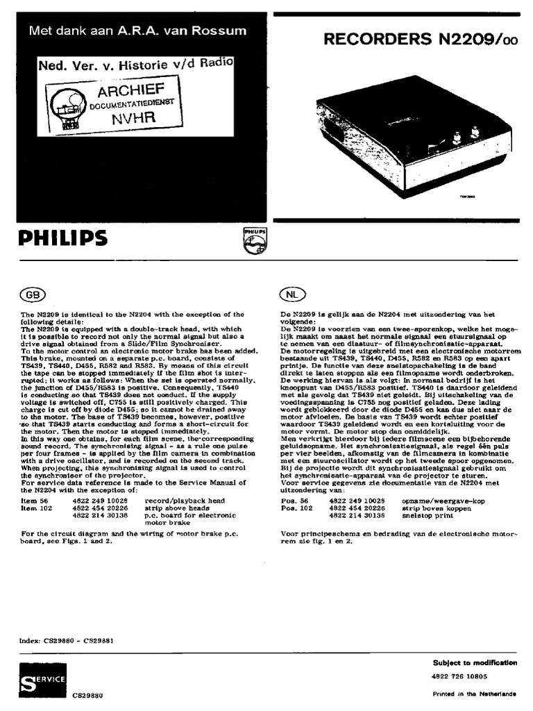 Philips n2209-00 Transistorized Cassette Recorder 1971 SM | PDF