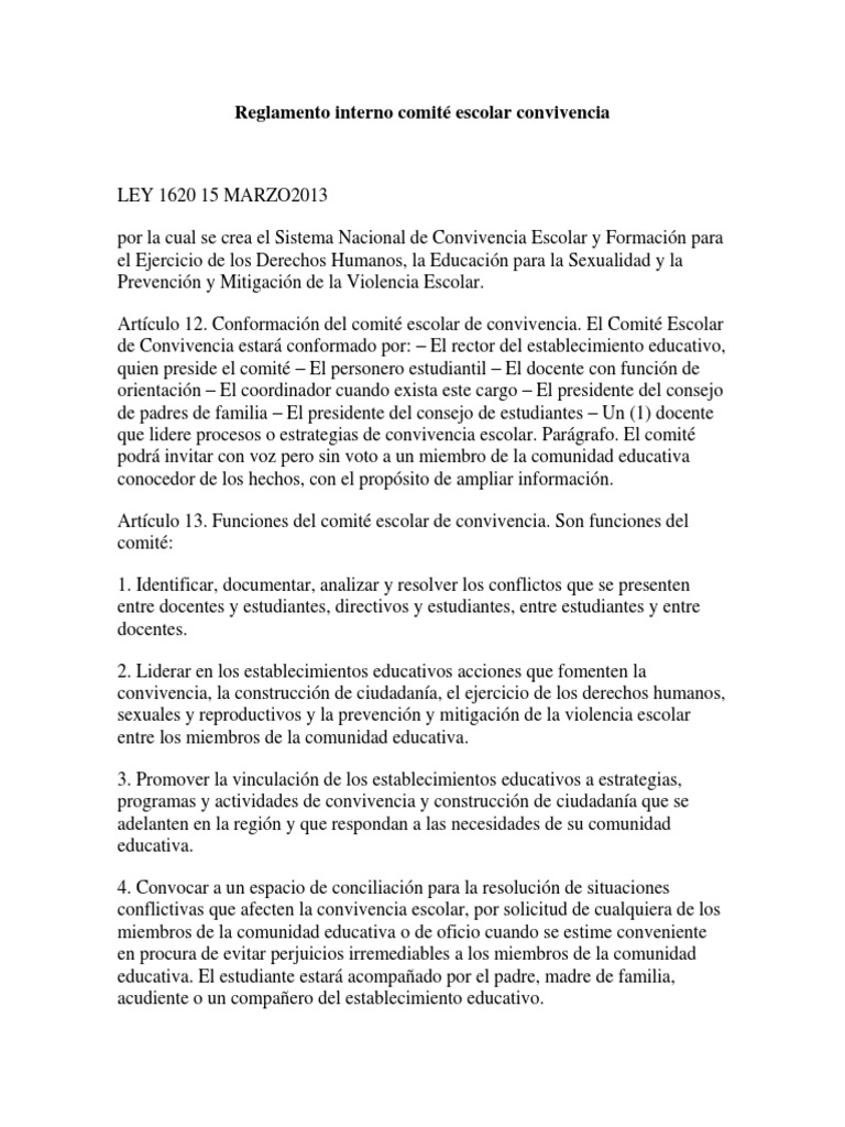 Reglamento Interno Comite Convivencia Escolar Propuesta | PDF | Caso de ley | Regulación