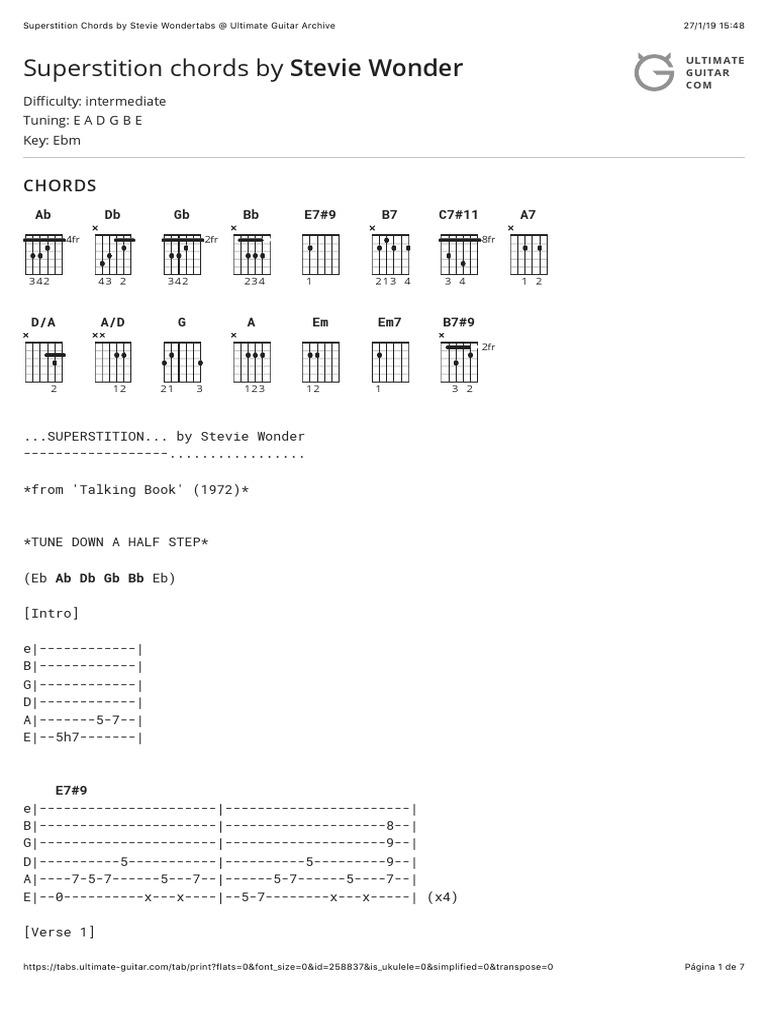 Superstition Chords by Stevie Wondertabs at Ultimate Guitar Archive PDF ...