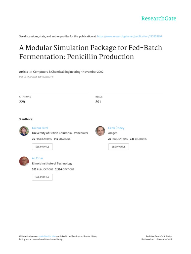 A Modular Simulation Package For Fed-Batch Fermentation: Penicillin Production | PDF | Control ...