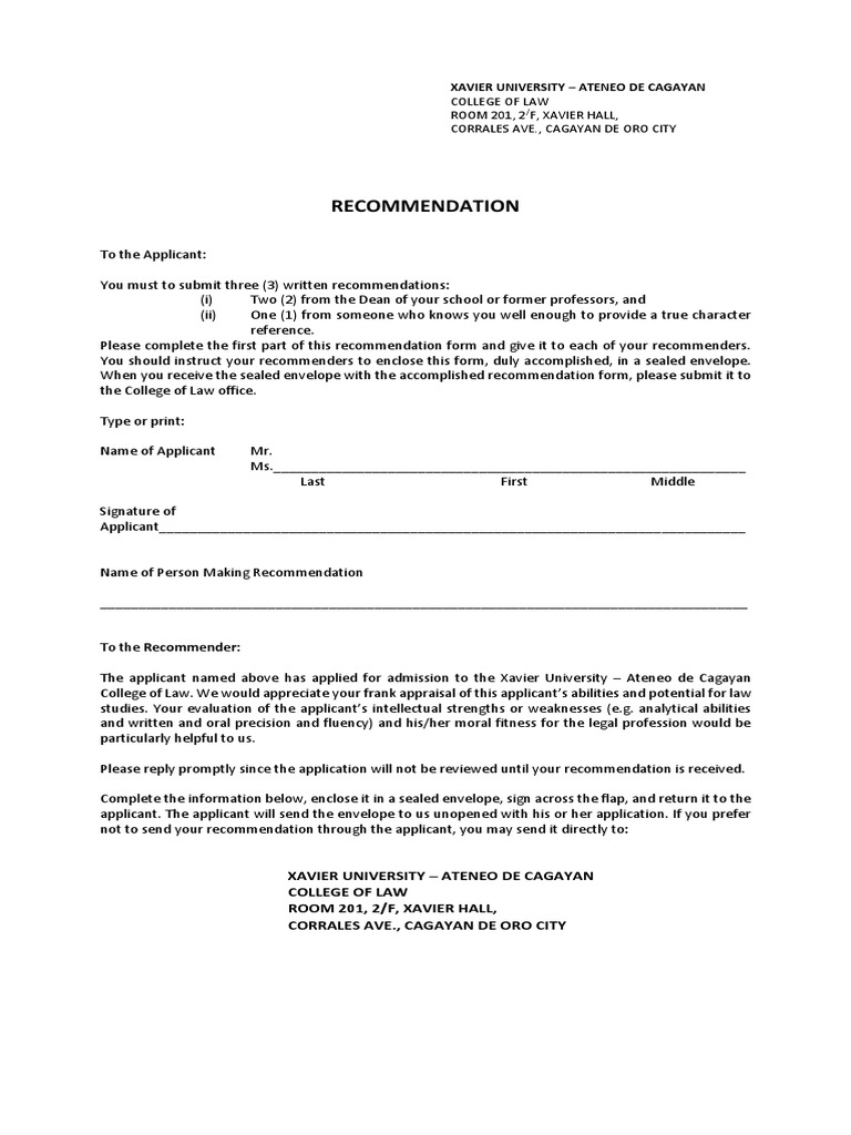 XAVIER LAW Recommendation Letter | PDF | Cognitive Science | Cognition