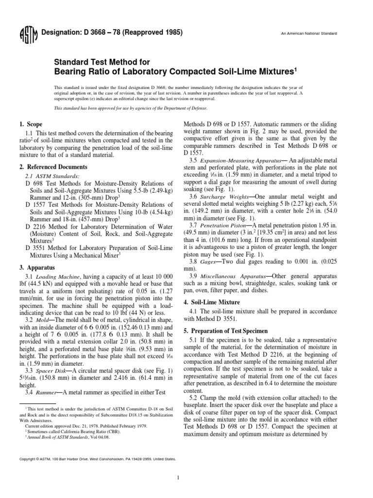 Bearing Ratio of Laboratory Compacted Soil-Lime Mixtures: Standard Test ...