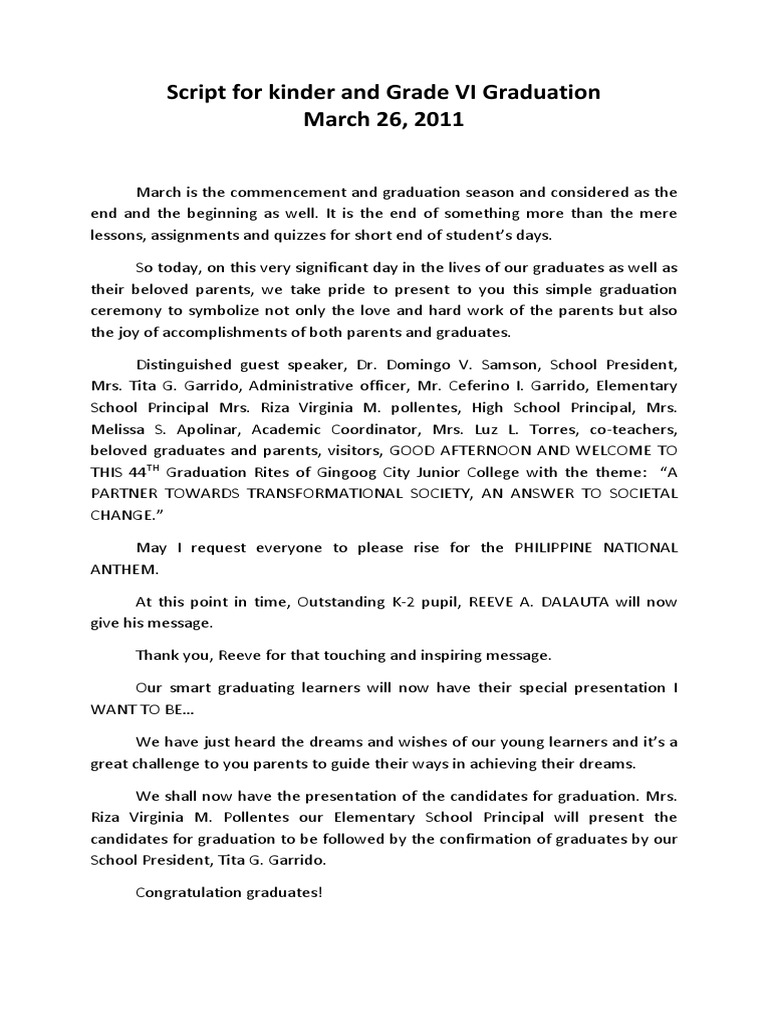 Script For Kinder And Grade Vi Graduation Pdf Students