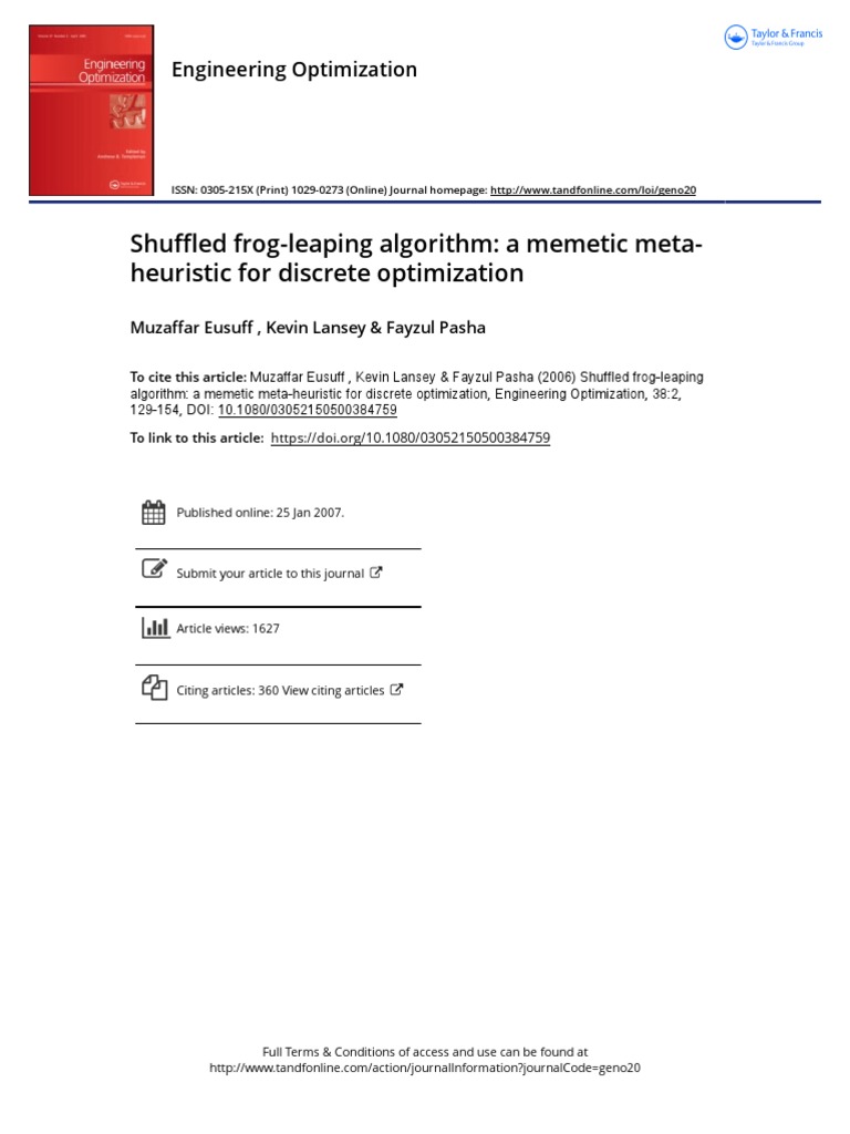 Shuffled Frog Leaping Algorithm A Memetic Meta Heuristic For Discrete Optimization Pdf 7212