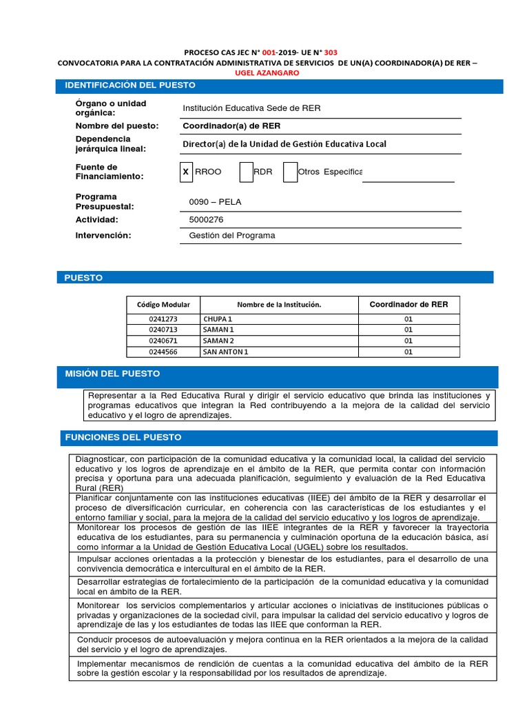 Cas 01 Tdr Coordinador Rer | Evaluación | Calidad (comercial) Cas 01 Tdr Coordinador Rer | Evaluación | Calidad (comercial)