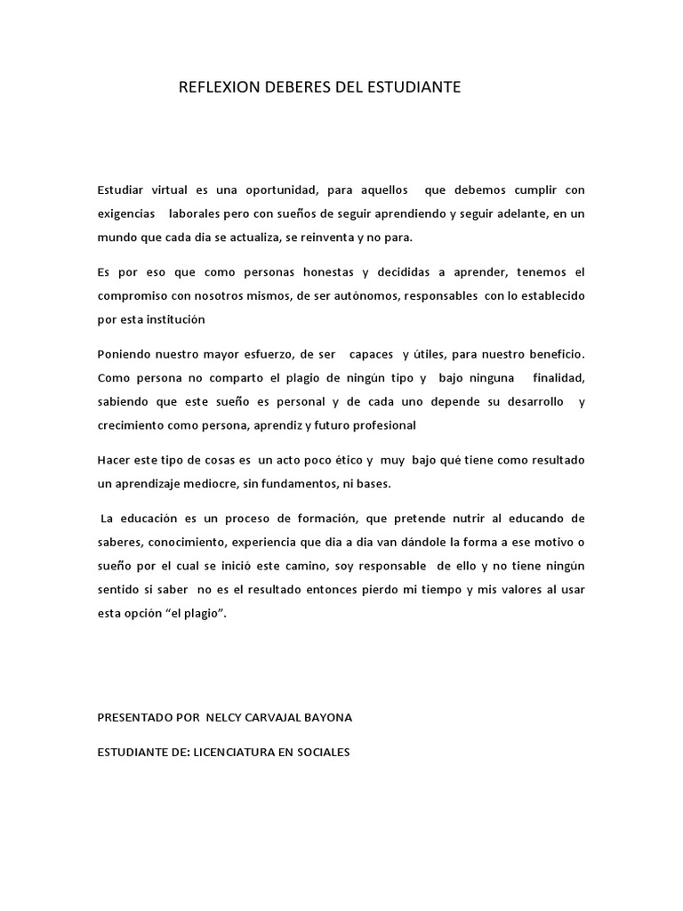 Reflexion Deberes Del Estudiante | PDF