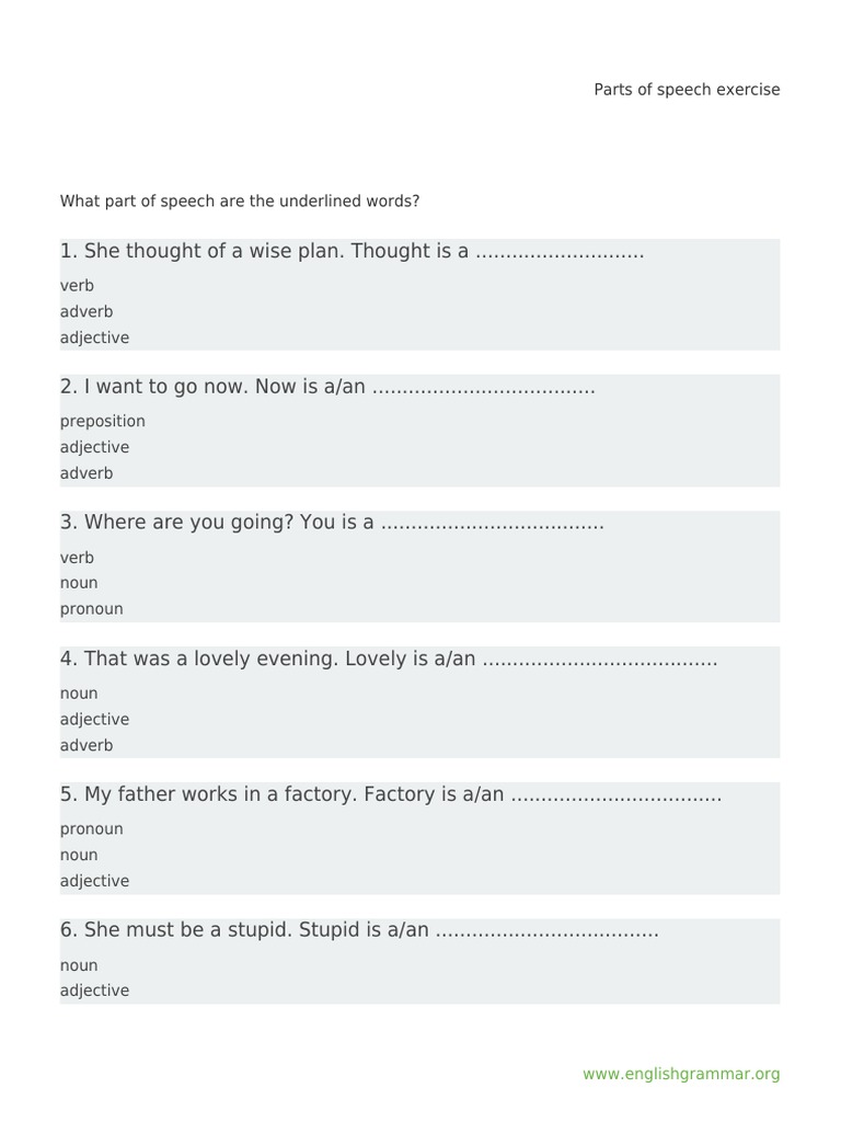 Parts of Speech Exercise: Verb Adverb Adjective | PDF | Adverb | Adjective