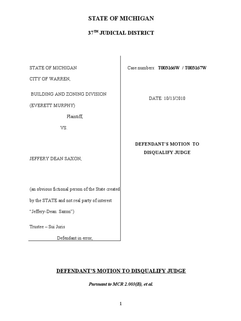 DEFENDANT’S MOTION TO DISQUALIFY JUDGE (10-14-2010) | Courts | Social Institutions