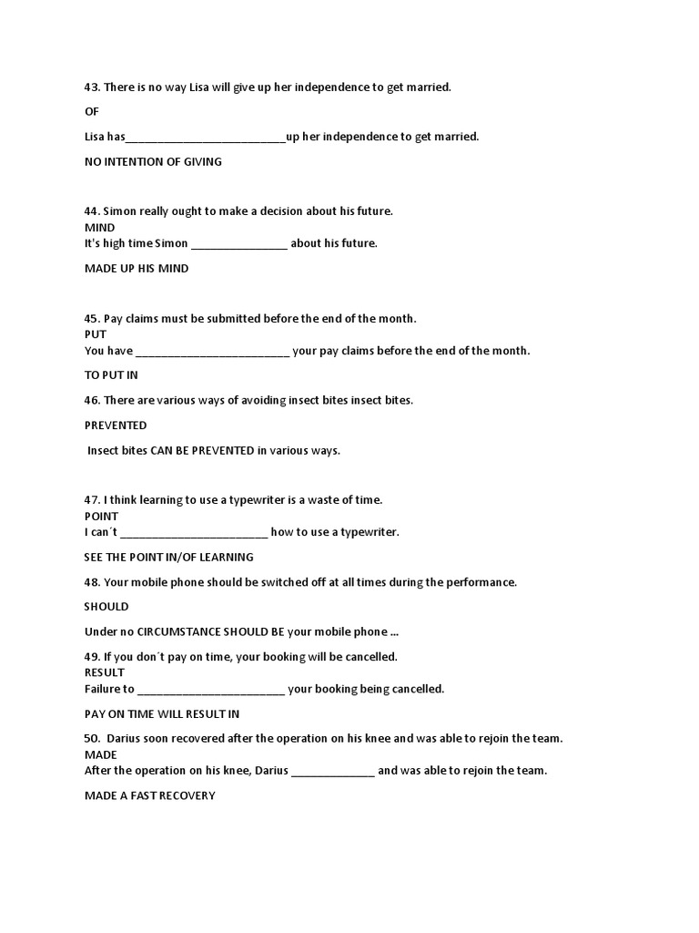 CAE Sentence Transformation Practice | PDF