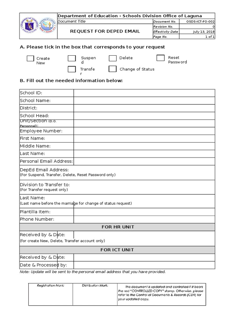 Request For Deped Email: Create New Suspen D Delete Reset Password ...