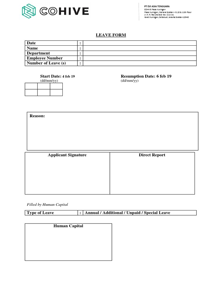 Leave Form Date: Name: Department: Employee Number: Number of Leave (S ...