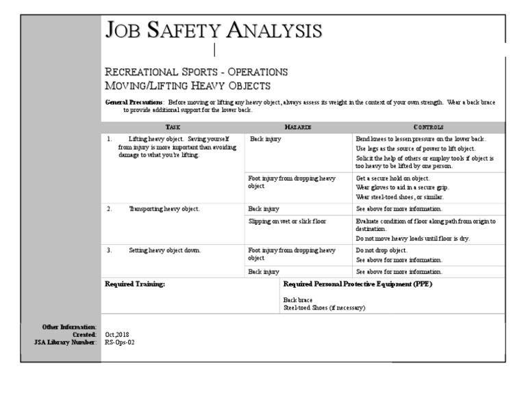 Lifting Jsa | PDF | Safety
