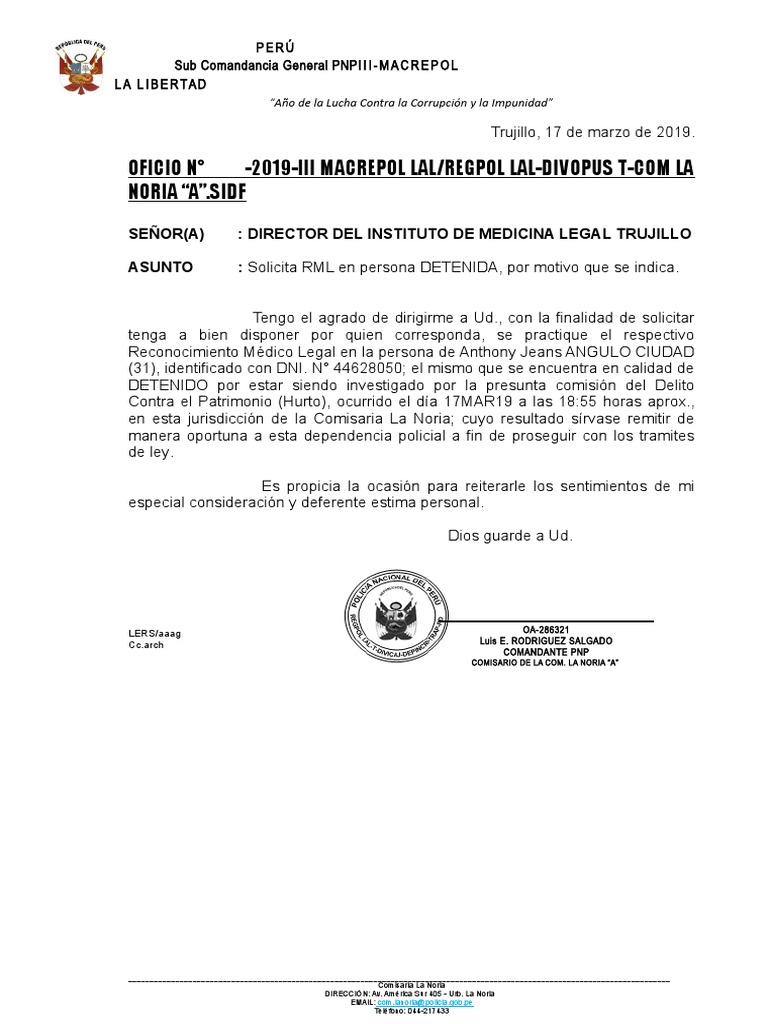 Oficio Solicita RML Detenido Saul Alcantara Alcantara | PDF