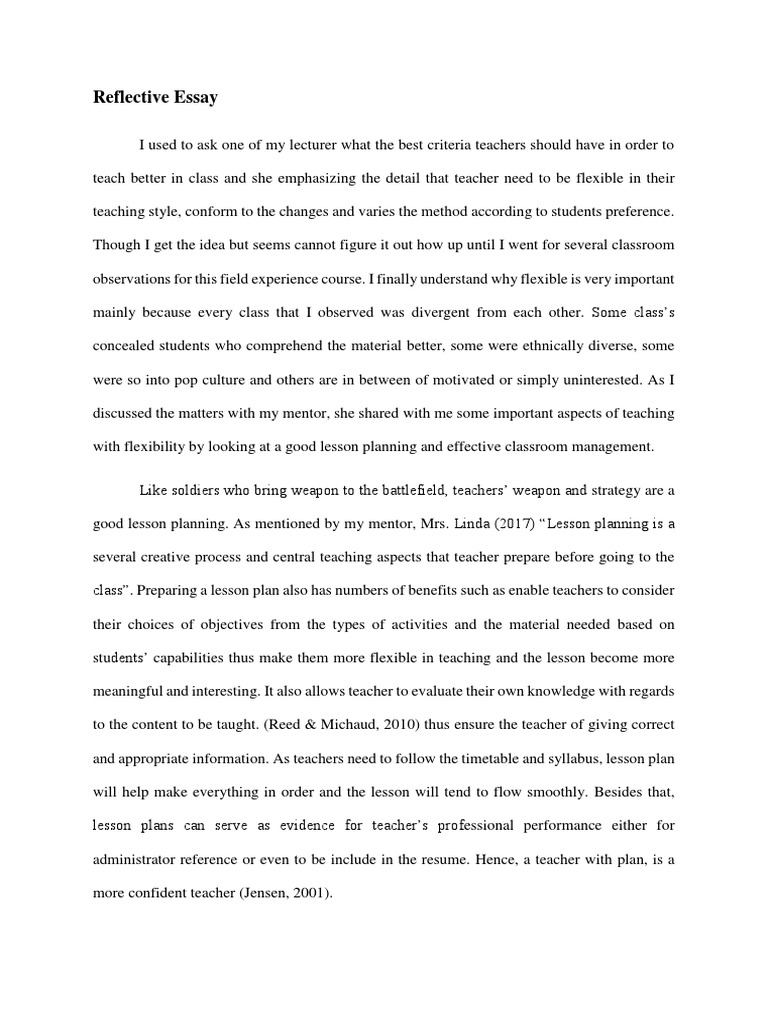Classroom Observation Reflective Essay | PDF | Lesson Plan | Mentorship