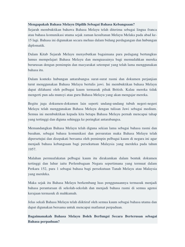 Mengapakah Bahasa Melayu Dipilih Sebagai Bahasa Kebangsaan Pdf
