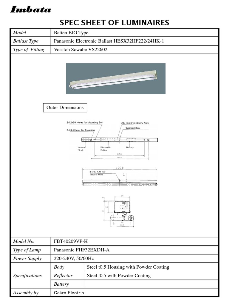 Spec Sheet of Luminaires: Batten BIG Type Panasonic Electronic Ballast ...