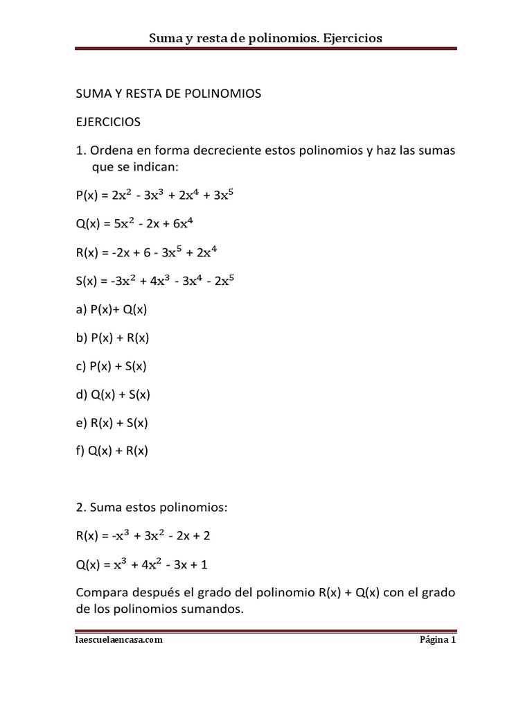 04 Suma y Resta de Polinomios Ejercicios | PDF | Álgebra | Enseñanza de ...