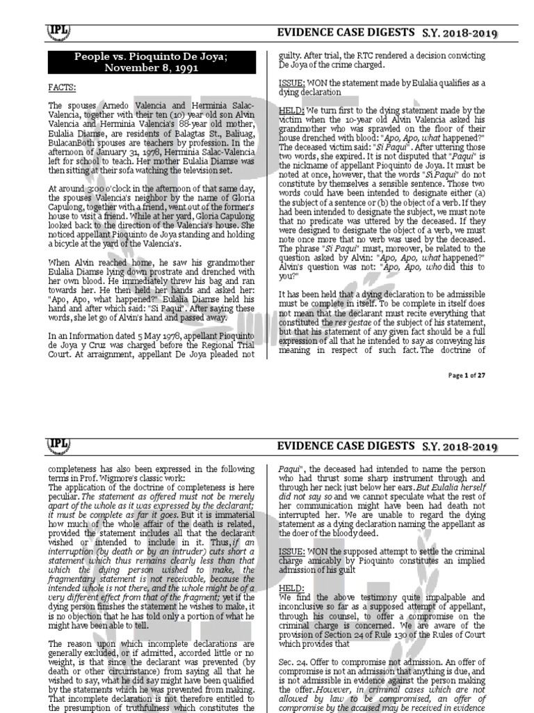 Evidence Case Digest 2018-2019 | PDF | Burden Of Proof (Law) | Judgment ...