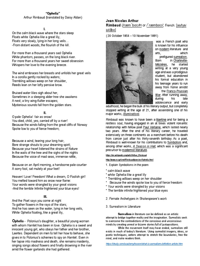 Ophelia Handout | PDF | Surrealism | Arthur Rimbaud