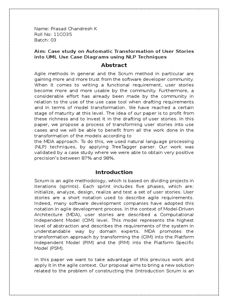 Case Study On Automatic Transformation of User Stories Into UML | PDF ...
