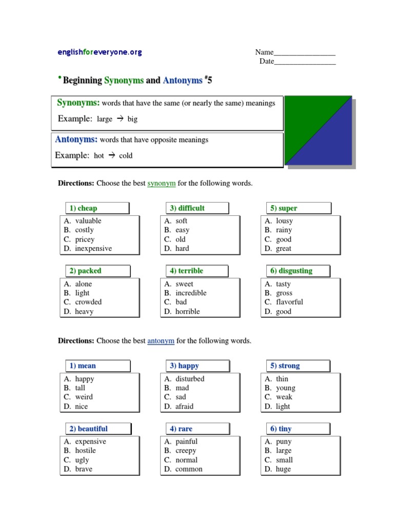 Beginning Synonyms and Antonyms Guide | PDF