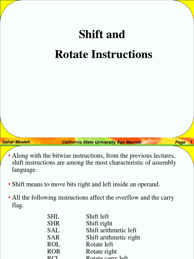 Shift and Rotate Instructions: Sahar Mosleh California State University ...
