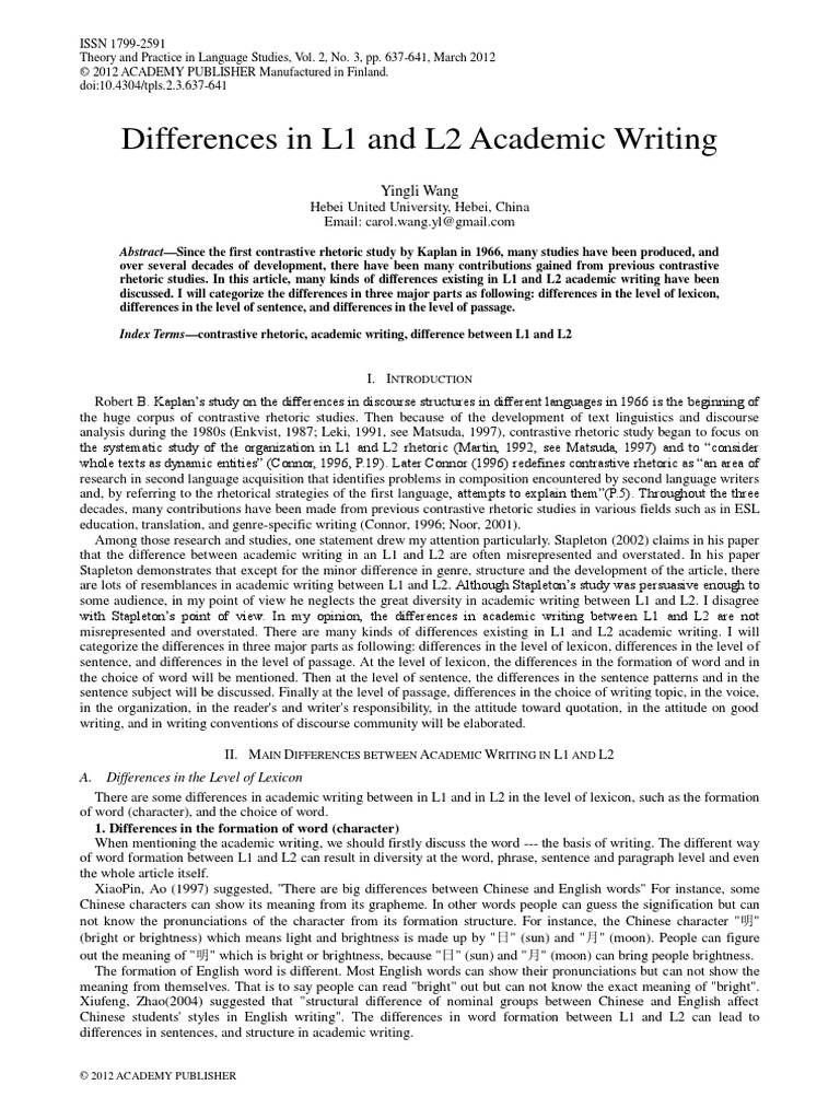 Differences in L1 and L2 Academic Writing: Yingli Wang | PDF | English ...