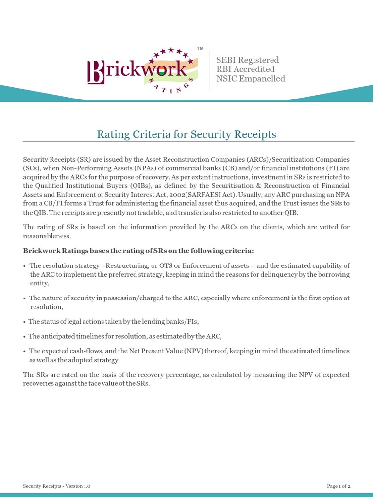 Rating Criteria for Security Receipts | PDF | Security Interest ...